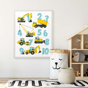 Construction Vehicle Numbers Printable Watercolor Art, Truck and Digger ...