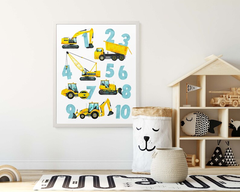 Construction Vehicle Numbers Printable Watercolor Art, Truck and Digger ...