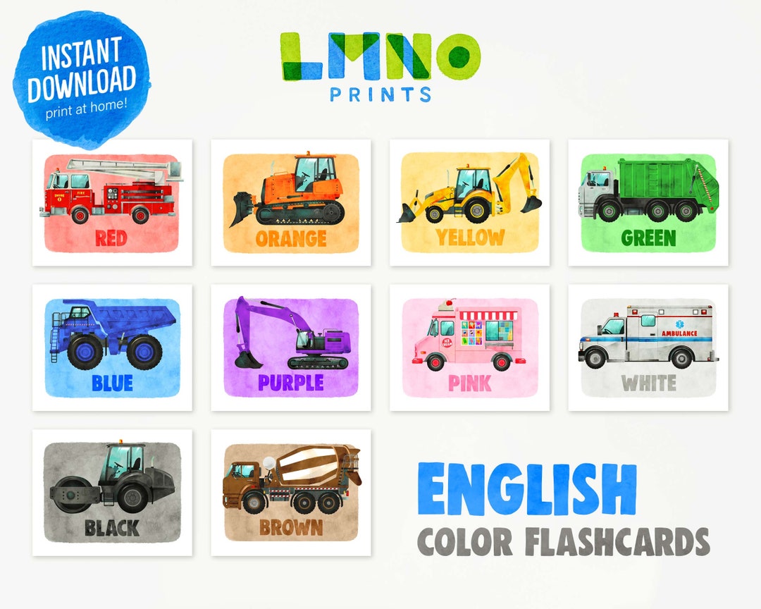 Color Learning Flashcards With Construction Trucks and Rescue Vehicles ...