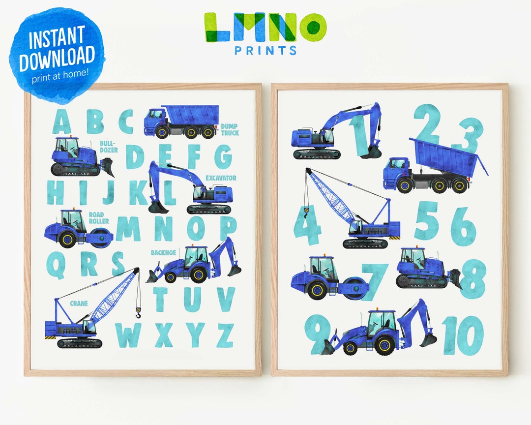 Set of 2 All Blue Construction Vehicle Alphabet and Numbers Printable ...