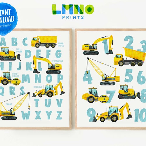 Set of 2 Construction Vehicle Alphabet and Numbers Printable - Etsy
