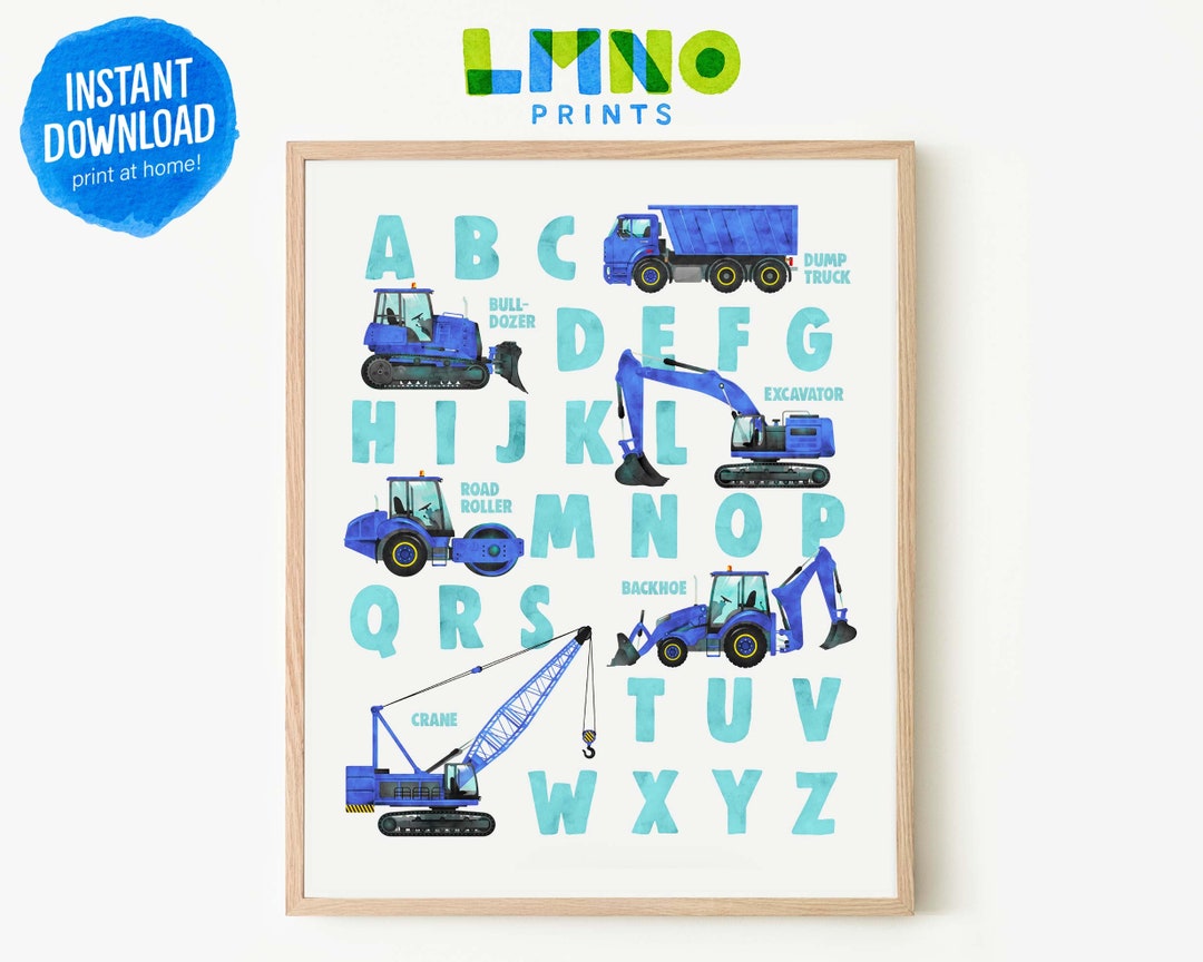All Blue Construction Vehicle Alphabet Printable Watercolor Art, Truck ...