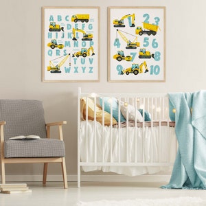Set of 2 Construction Vehicle Alphabet and Numbers Printable Wall Art ...