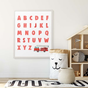Fire Truck Alphabet Printable Watercolor Wall Art, Firefighter ABC ...