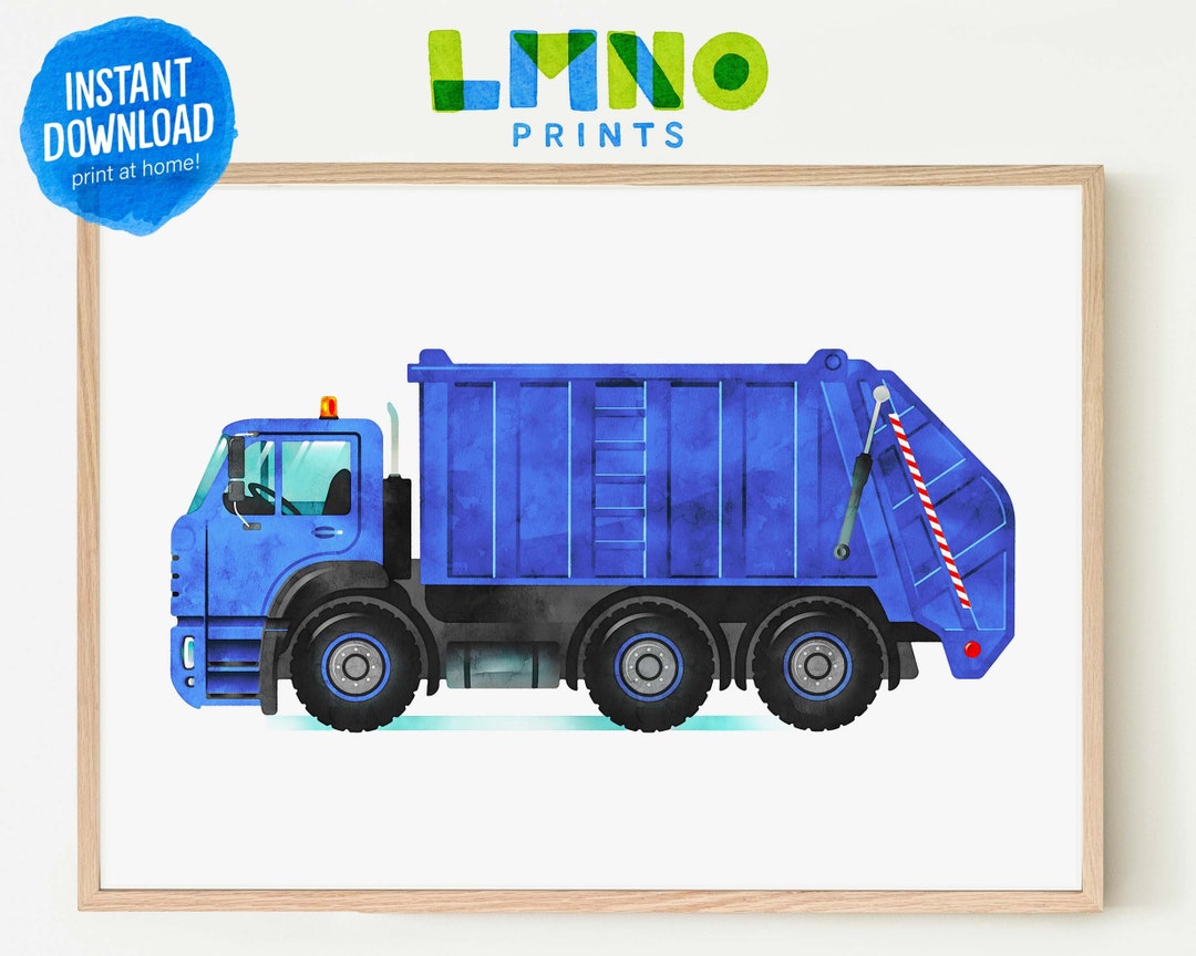 Garbage Truck Printable Watercolor Art, Dark Blue, Transportation ...