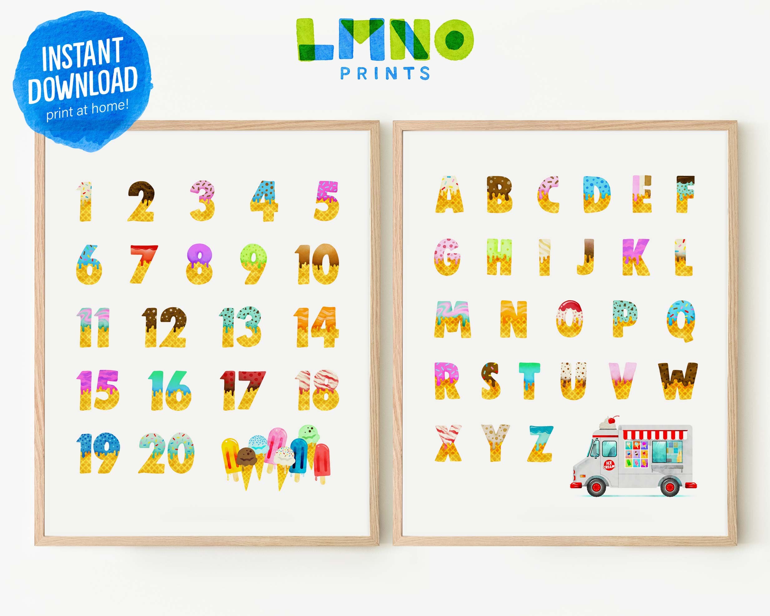 Ice Cream Alphabet and Numbers Set of 2 Printable Watercolor | Etsy