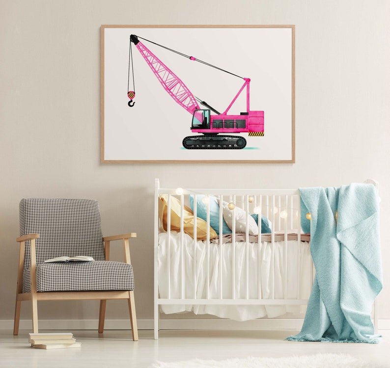 Pink Crane Printable Watercolor Wall Art Construction Vehicle - Etsy