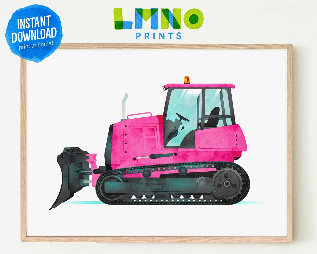 Pink Bulldozer Printable Watercolor Art, Construction Vehicle Decor for ...