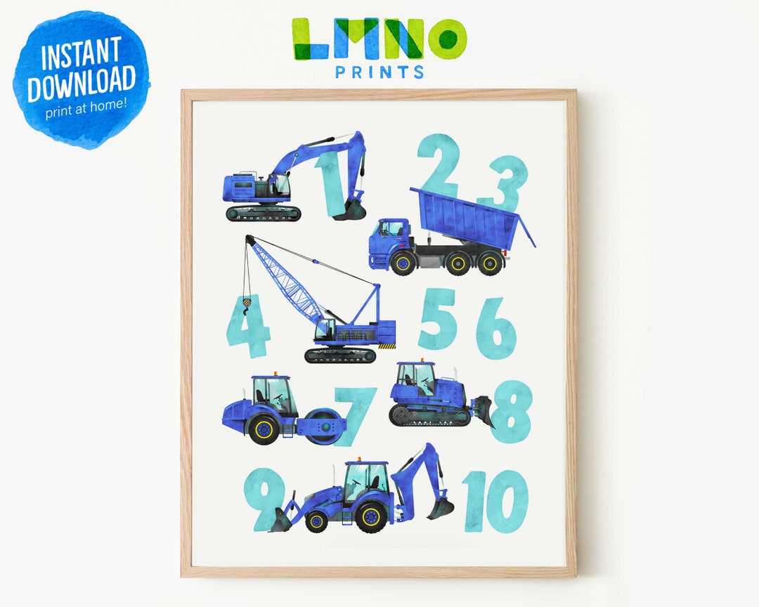 All Blue Construction Vehicle Numbers Printable Watercolor Art, Truck ...
