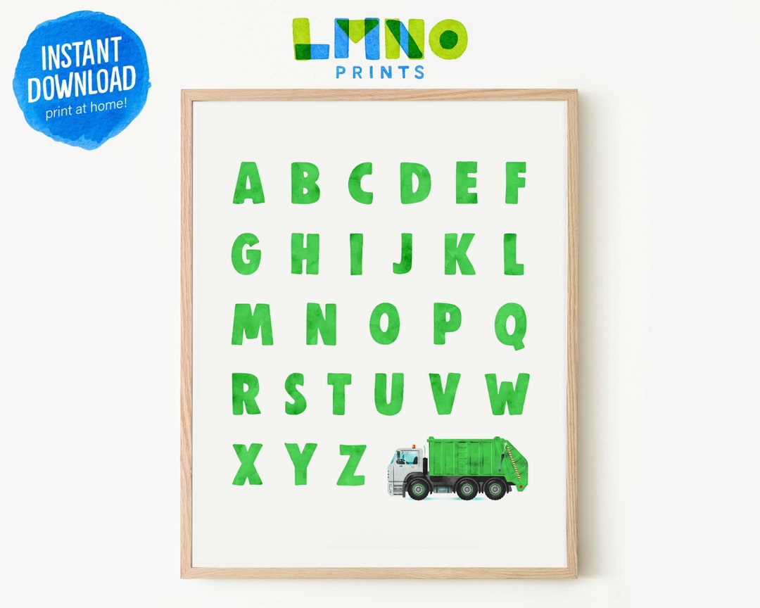 Garbage Truck Alphabet Printable Watercolor Wall Art, Green Dump Truck ...