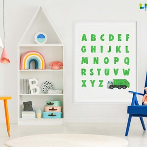 Garbage Truck Alphabet Printable Watercolor Wall Art, Green Dump Truck ...