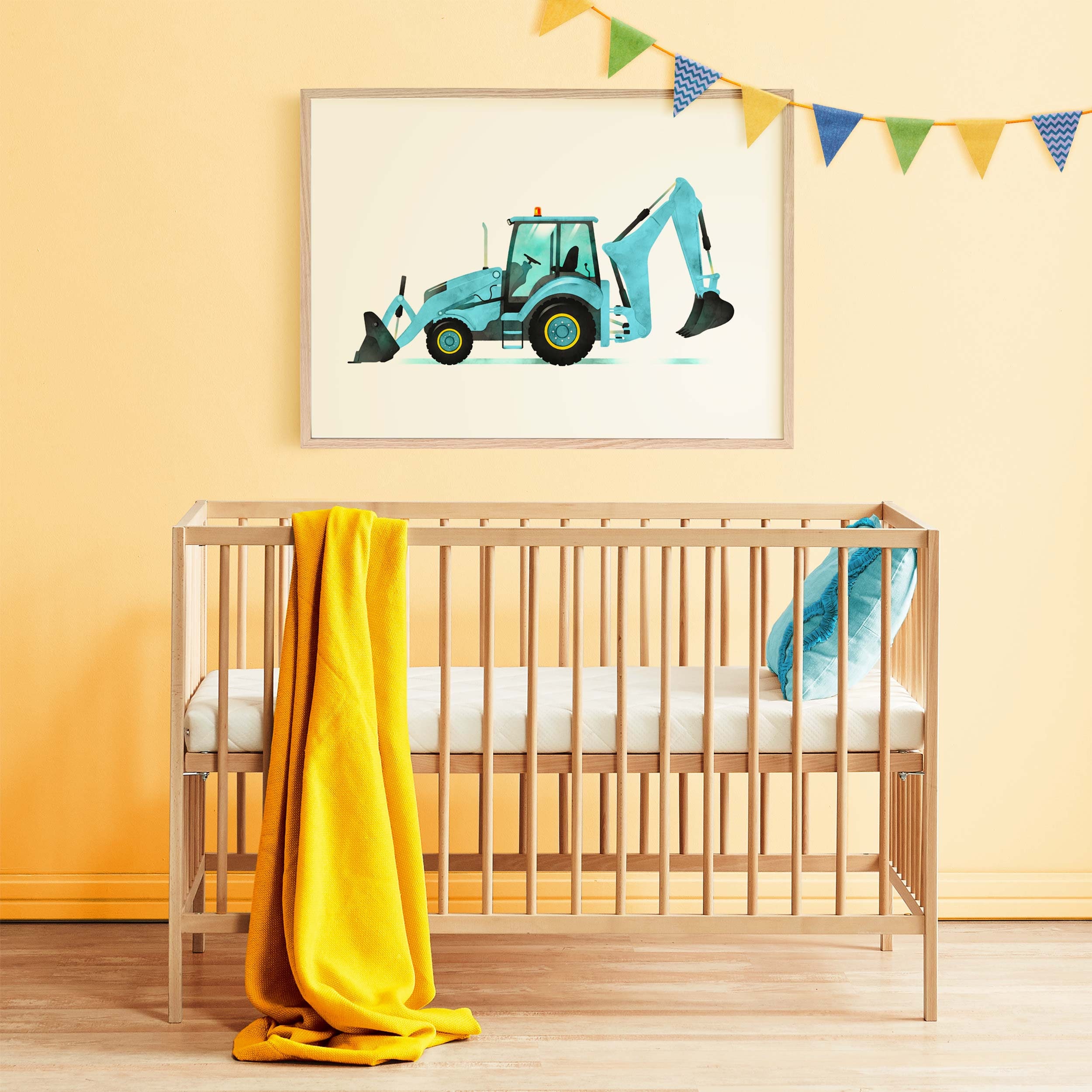 Light Blue Backhoe Printable Watercolor Art, Construction Vehicle Decor ...
