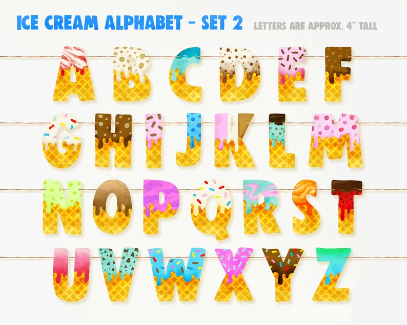 Ice Cream Alphabet Printable Garland Watercolor Art, Birthday Party ABC ...