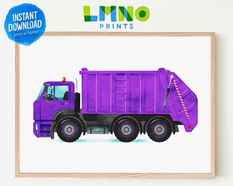 Purple Garbage Truck Printable Watercolor Art, Transportation Vehicle ...