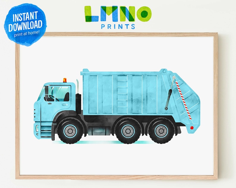 Garbage Truck Printable Watercolor Art, Light Blue, Transportation ...
