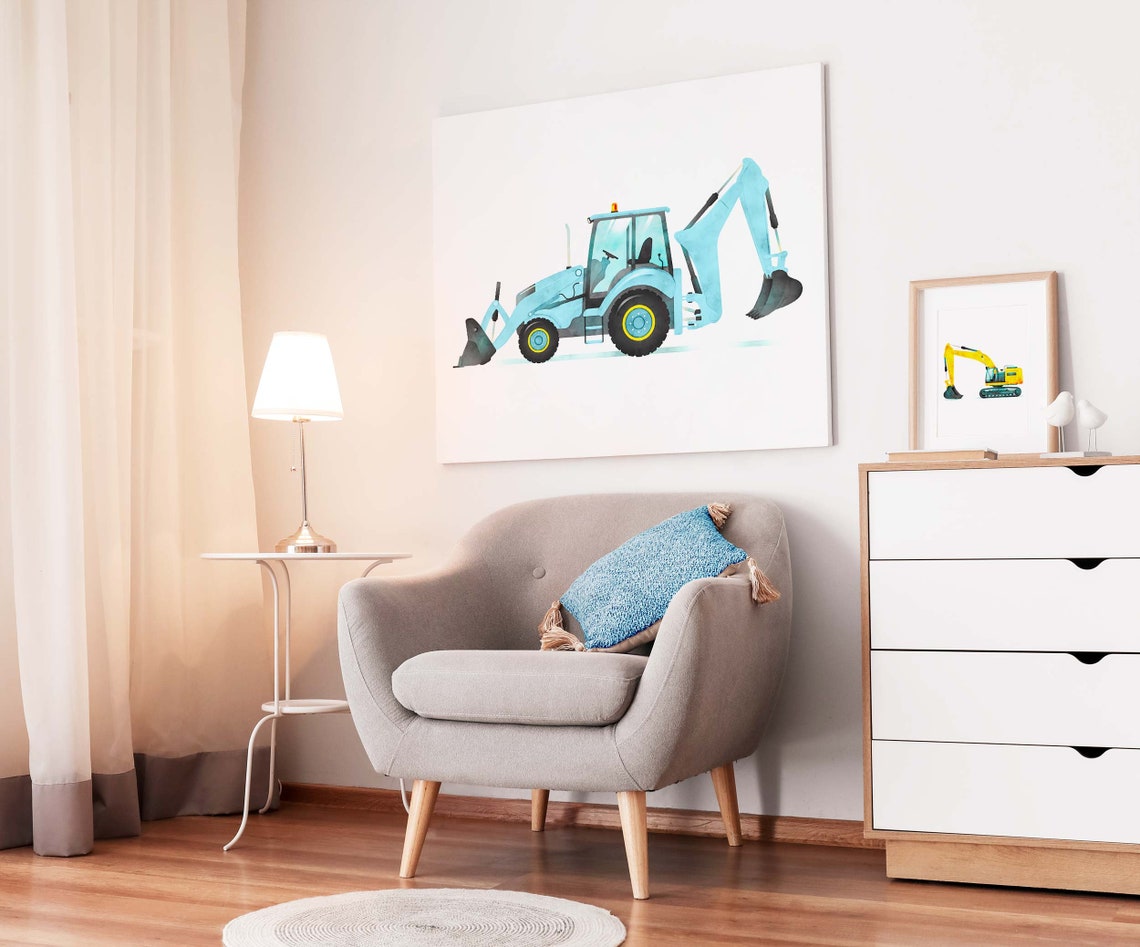 Light Blue Backhoe Printable Watercolor Art Construction | Etsy