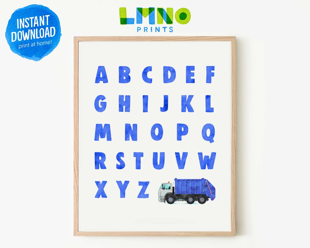 Blue Garbage Truck Alphabet Printable Watercolor Wall Art, Dump Truck ...