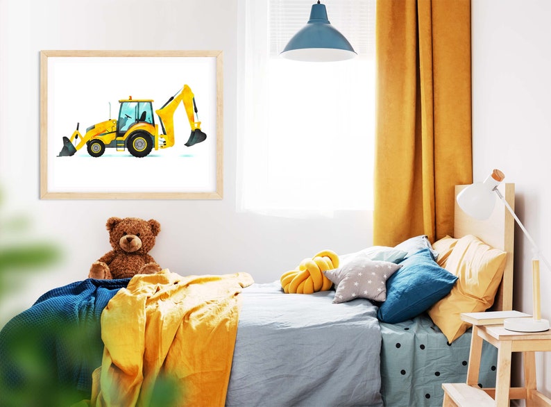 Yellow Backhoe Printable Watercolor Art, Construction Vehicle Decor for ...