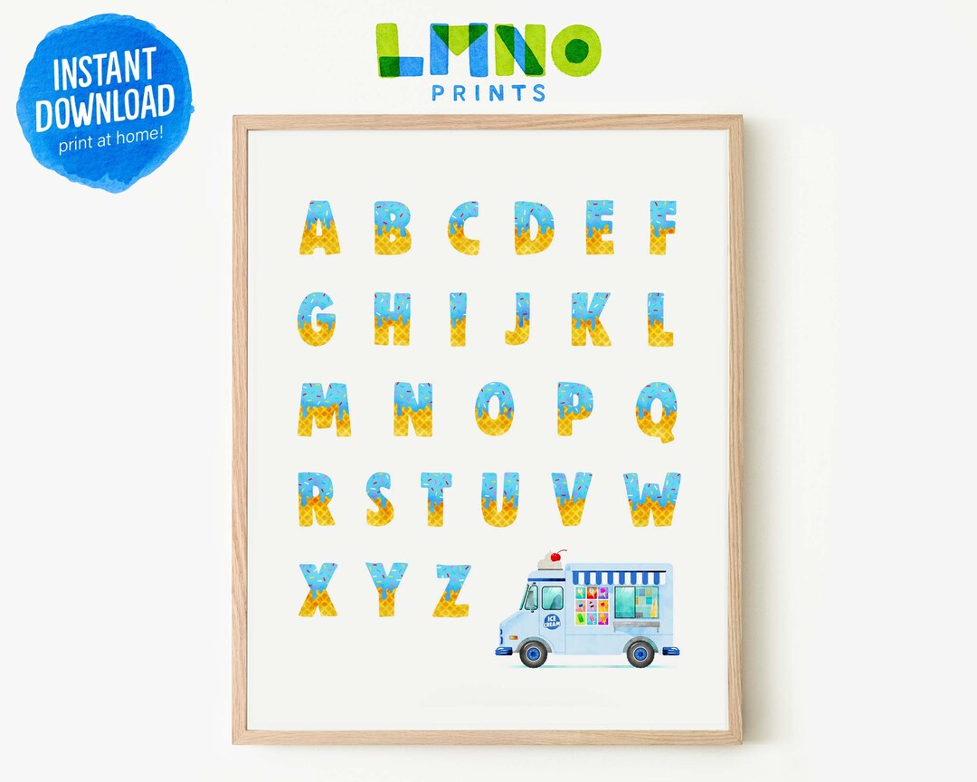 Blue Ice Cream Truck Alphabet Printable Watercolor Art, Cute Letter ABC ...