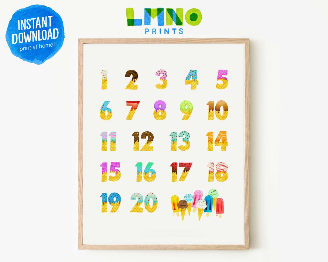Ice Cream Numbers Printable Watercolor Art, Fun Homeschool Learning 123 ...