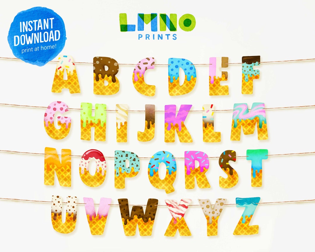 Ice Cream Alphabet Printable Garland Watercolor Art, Birthday Party ABC ...