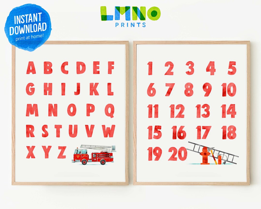Set of 2 Fire Truck Alphabet and Numbers Printable Wall Art, Truck and ...