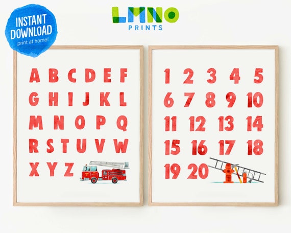 Set of 2 Fire Truck Alphabet and Numbers Printable Wall Art | Etsy