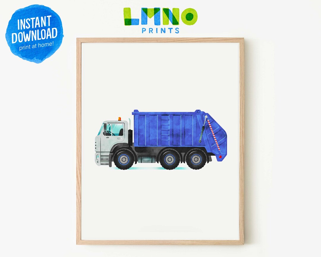 Garbage Truck Printable Watercolor Art, Blue and White, Vertical ...