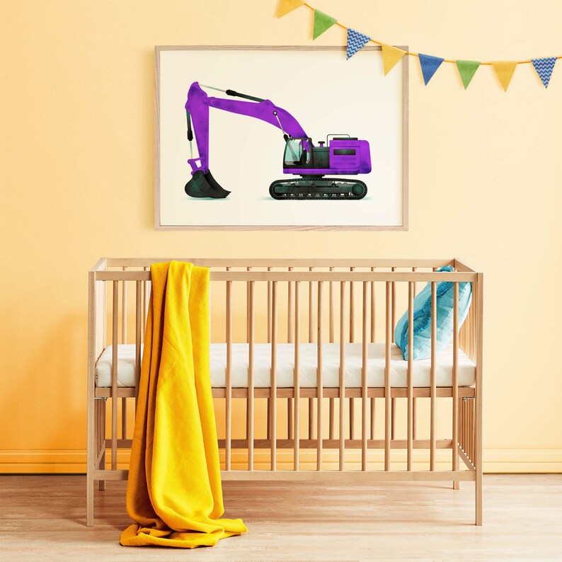 Purple Excavator Printable Watercolor Art, Construction Vehicle Decor ...