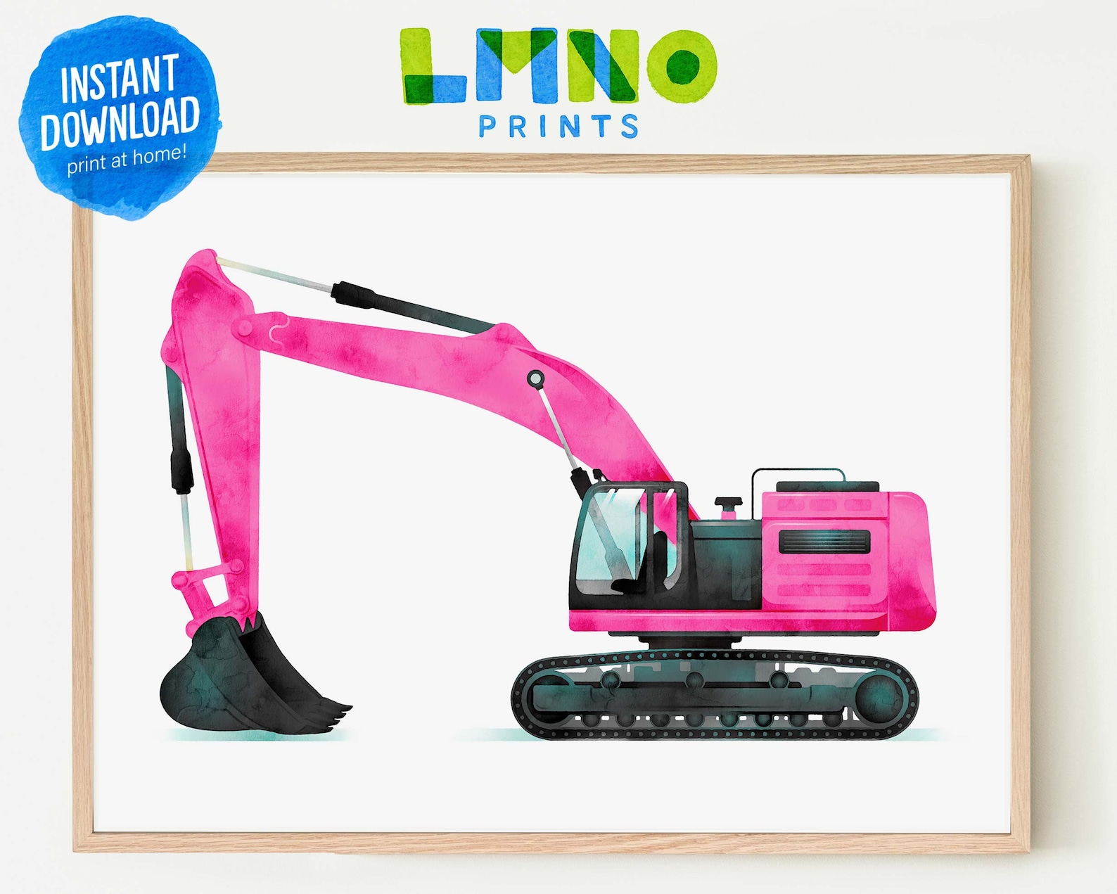 Pink Excavator Printable Watercolor Art Construction Vehicle - Etsy
