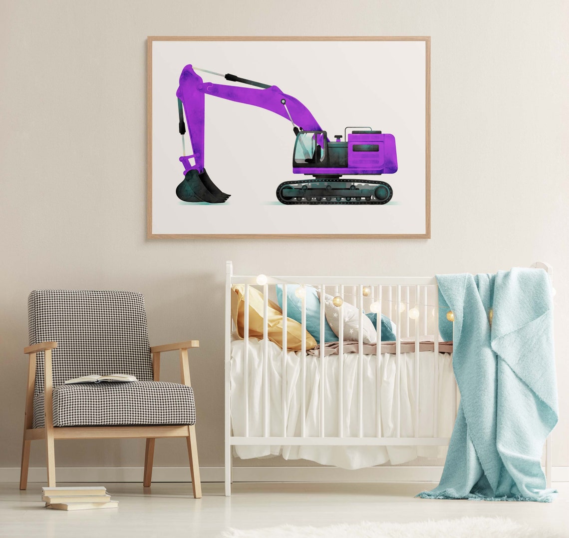 Purple Excavator Printable Watercolor Art, Construction Vehicle Decor ...