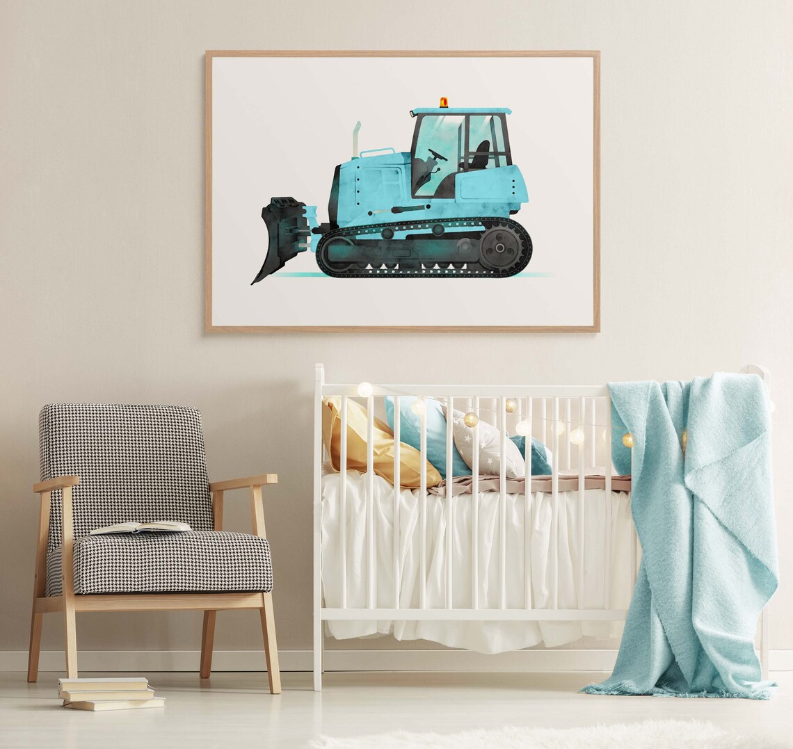 Light Blue Bulldozer Printable Watercolor Art Construction | Etsy