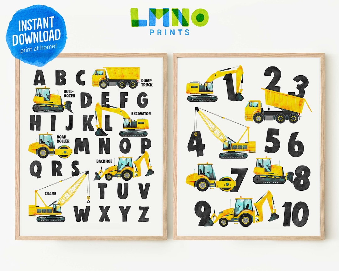 Set of 2 Construction Vehicle Alphabet and Numbers Printable Wall Art ...