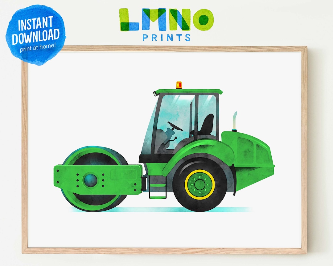 Dark Green Road Roller Printable Watercolor Wall Art, Construction ...