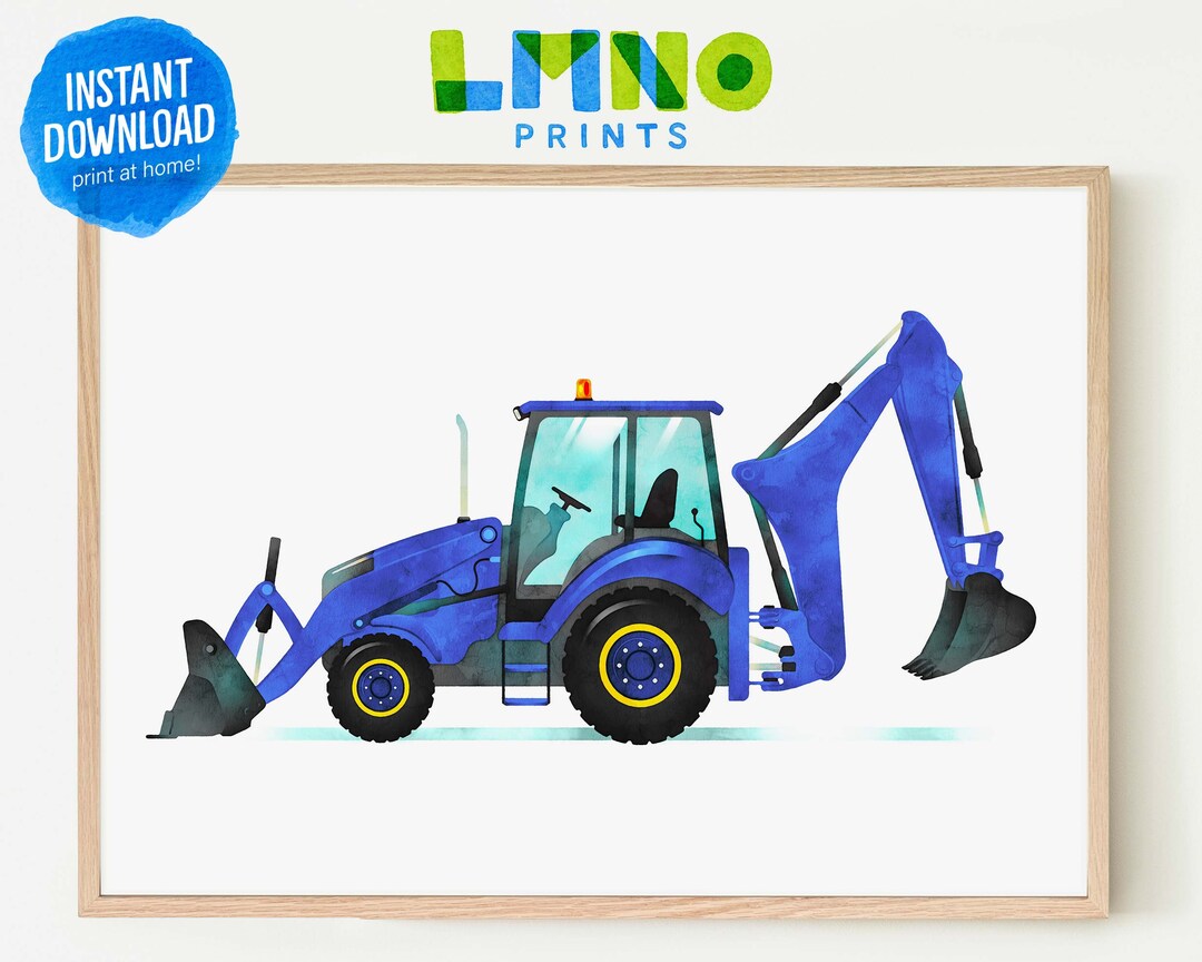 Dark Blue Backhoe Printable Watercolor Art, Construction Vehicle Decor ...