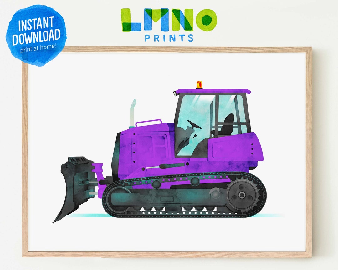 Purple Bulldozer Printable Watercolor Art, Construction Vehicle Decor for Boys Nursery, Playroom ...