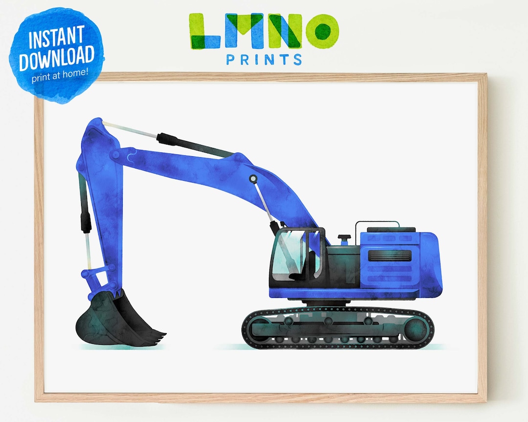 Dark Blue Excavator Printable Watercolor Art, Construction Vehicle ...