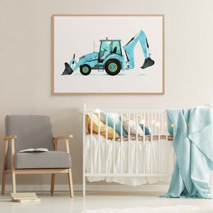 Light Blue Backhoe Printable Watercolor Art, Construction Vehicle Decor ...