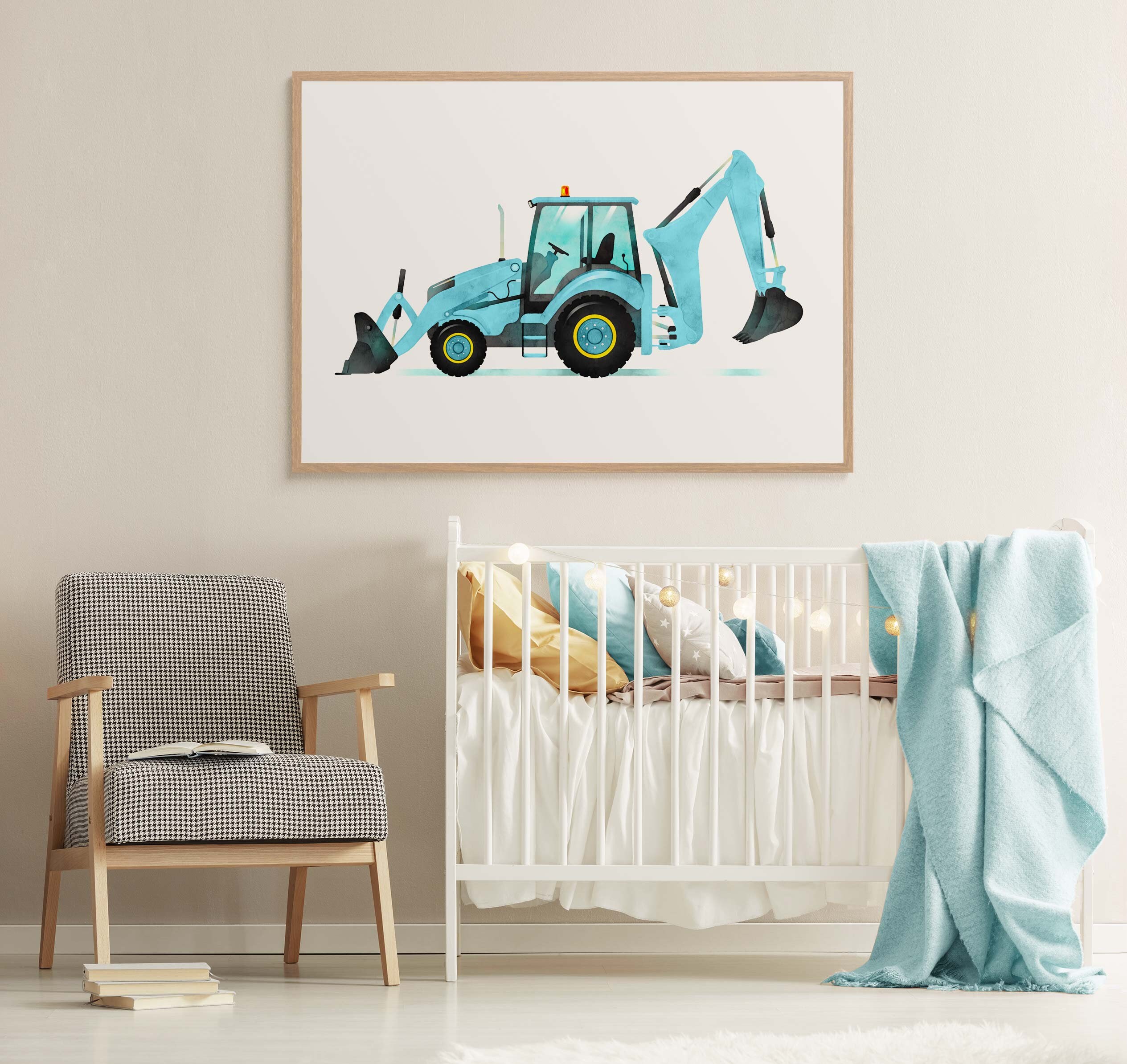 Light Blue Backhoe Printable Watercolor Art, Construction Vehicle Decor ...