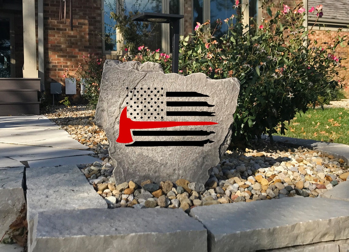 Fireman's Flag Garden Rock - Landscape Stone - Firefighter Engraved ...