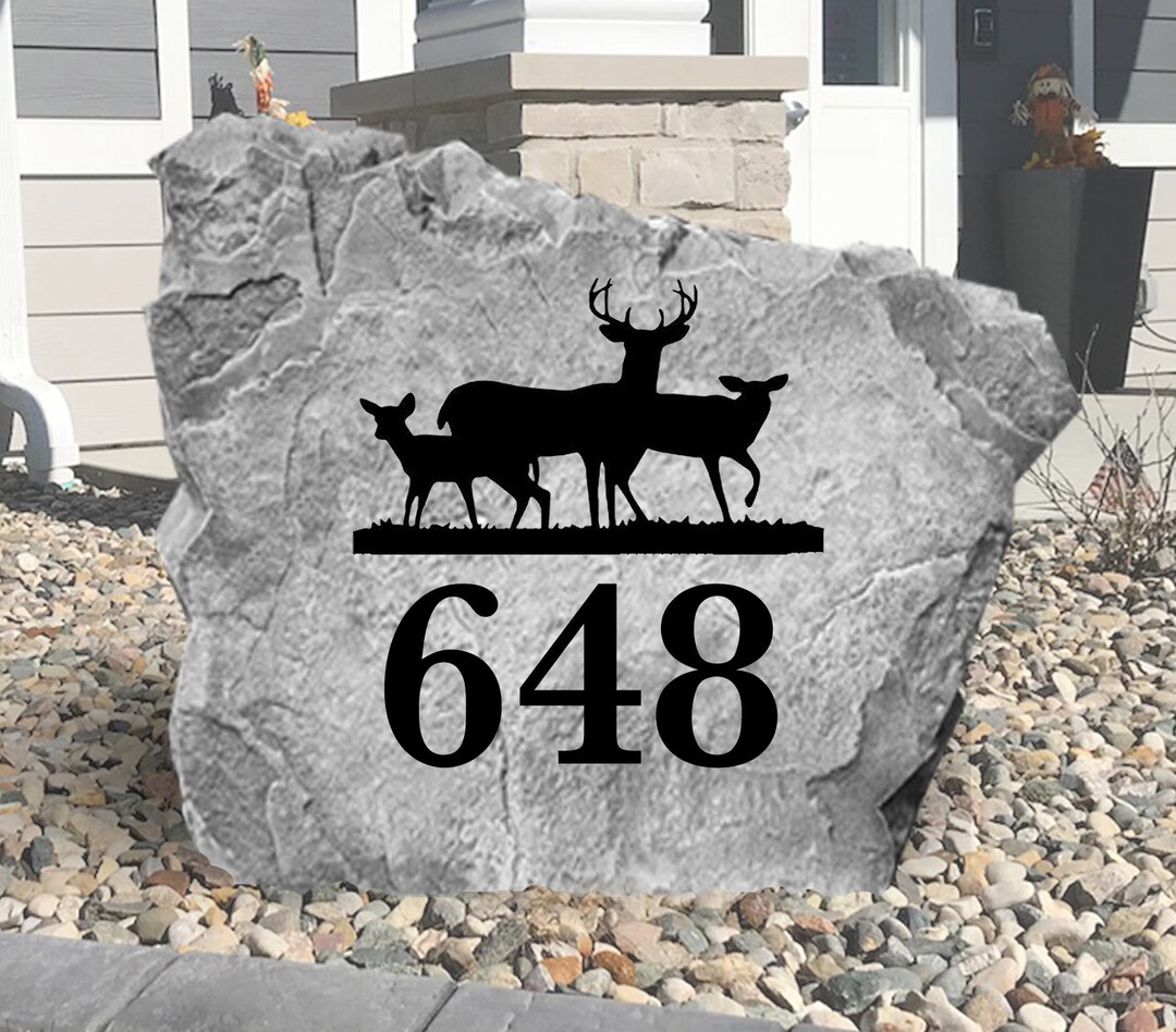 Deer Scene Address Marker Stone - Engraved Rock - Personalized - Garden ...