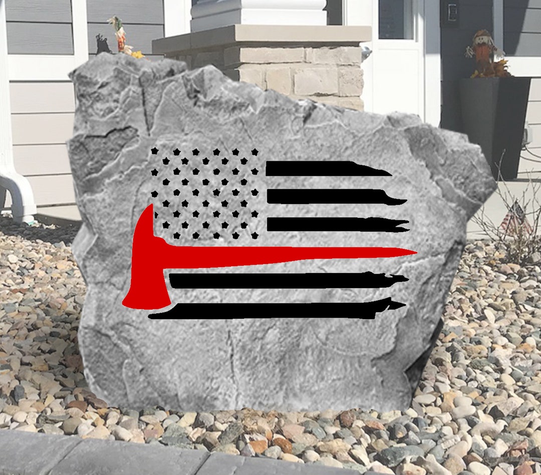 Fireman's Flag Garden Rock - Landscape Stone - Firefighter Engraved ...