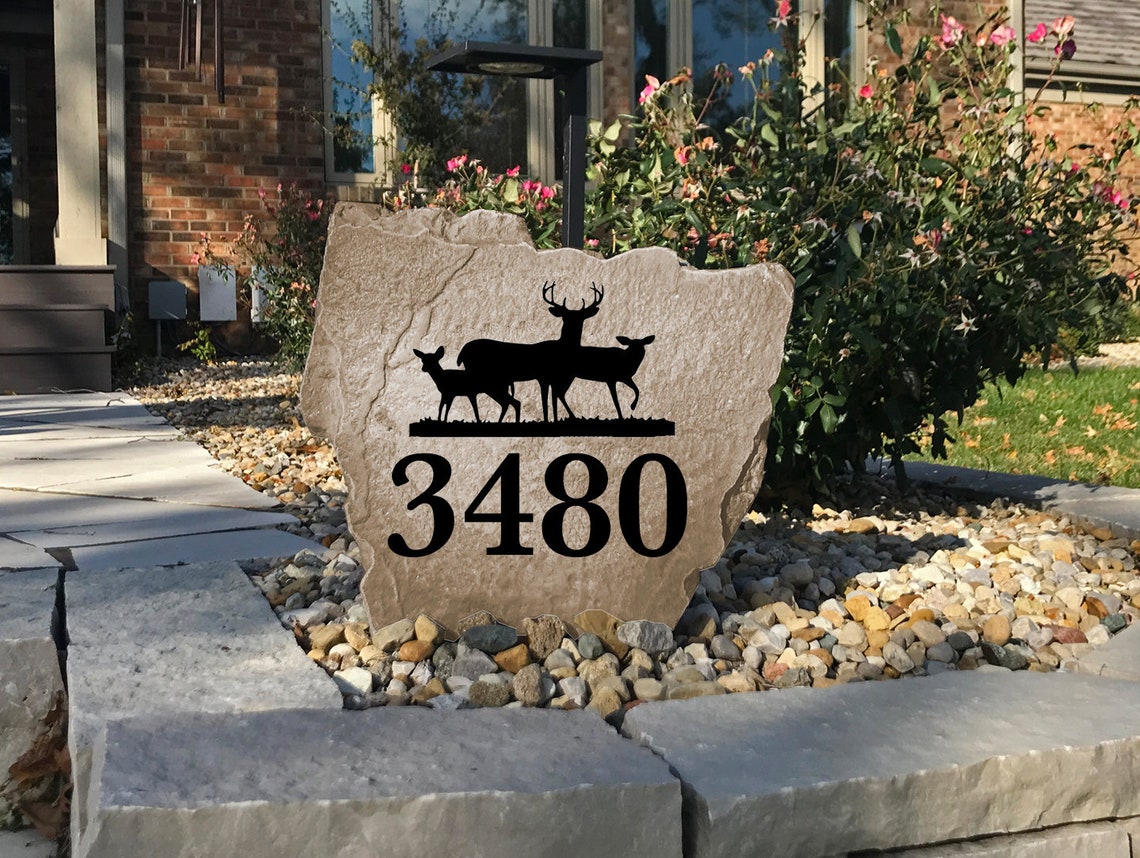 Deer Scene Address Marker Stone - Engraved Rock - Personalized - Garden ...