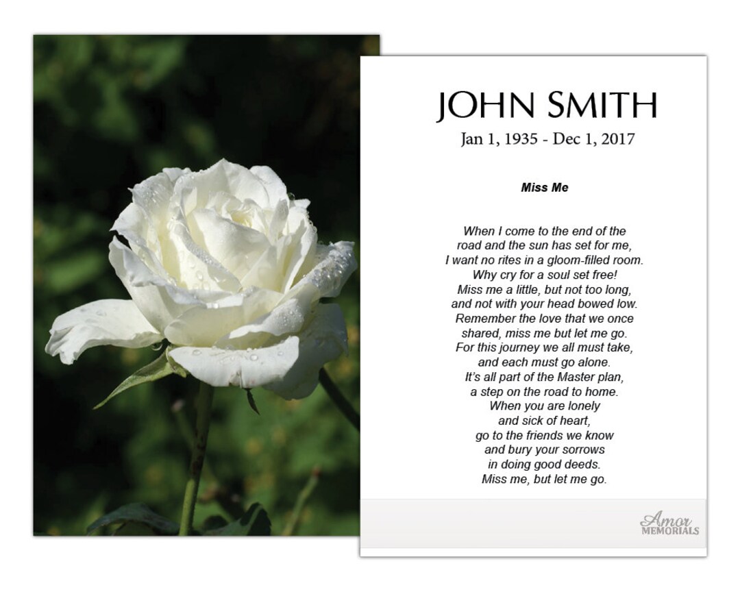 Funeral Memorial Prayer Cards (white Rose) FPC1015EN - Printed ...