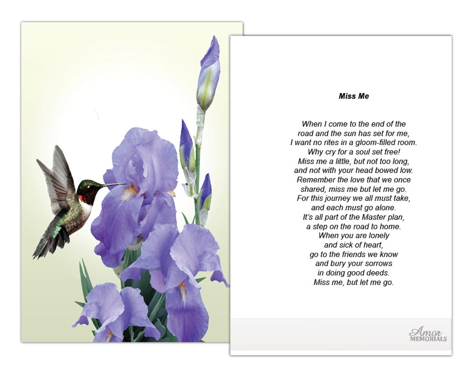 Funeral Memorial Prayer Cards Hummingbird and Iris FPC1188EN Printed ...