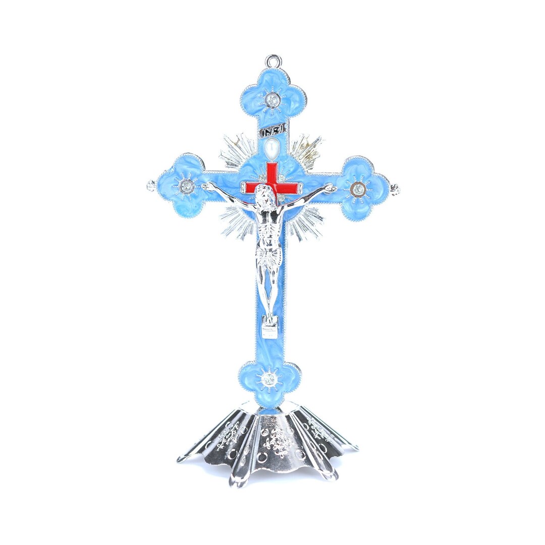 8" Metal Cross Crucifix, Blue and Red Enamel Paint, Mass Cross, Funeral ...