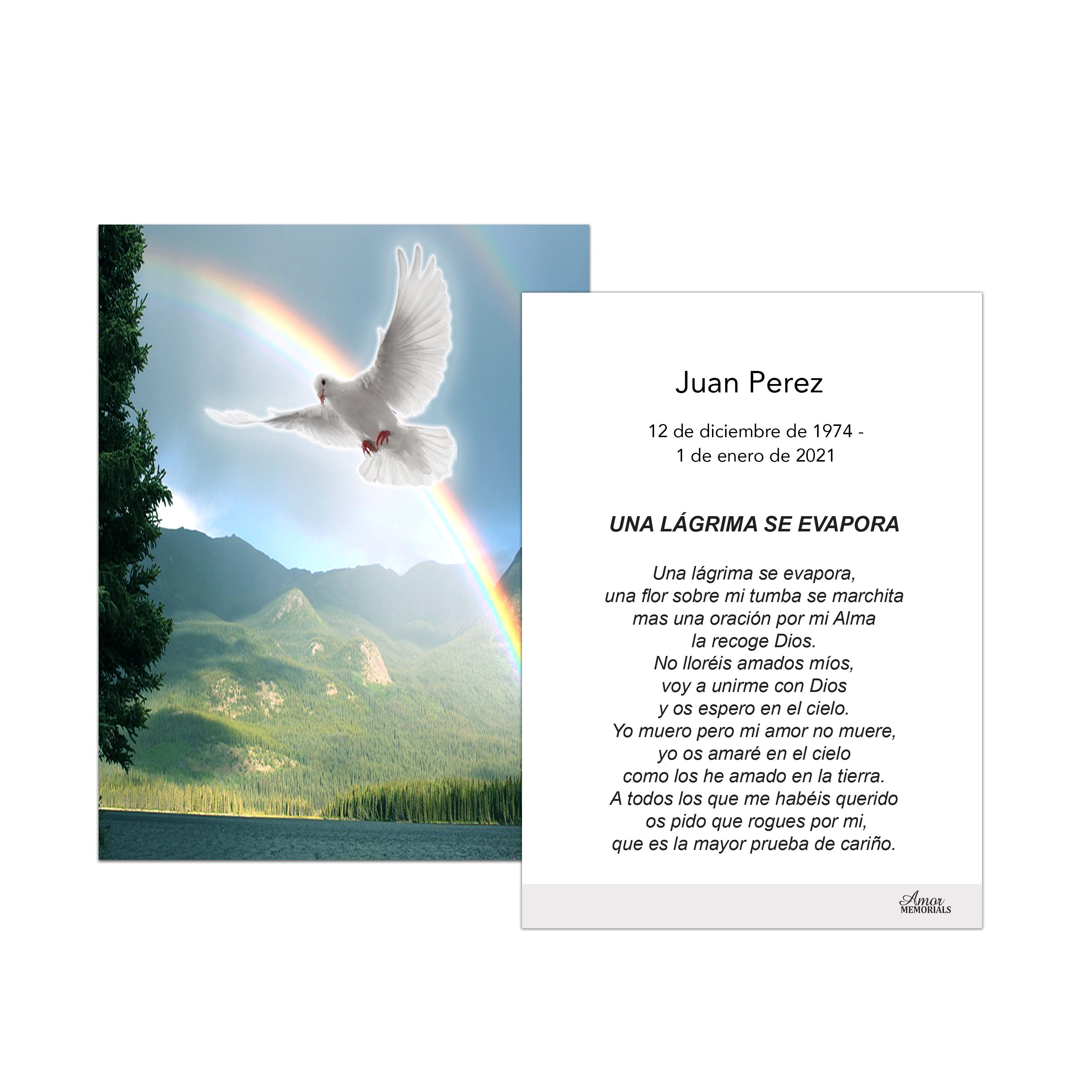 Tarjeta Funeral Conmemorativa 3.25"x5.25" (arcoiris Y Paloma ...