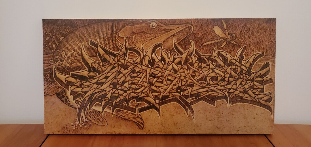 Muskie Pyrography: Wood Burning Art, Framed Wood Panel (12x24) - Etsy