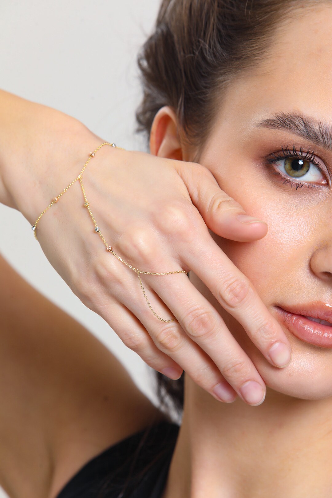 14k Gold Adjustable Italian Design Hand Harness Finger Chain Bracelet ...