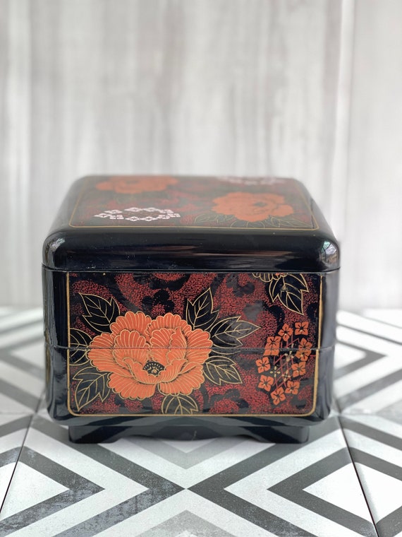 Asian Stackable Black Bento Box Floral Flower Painted | Etsy